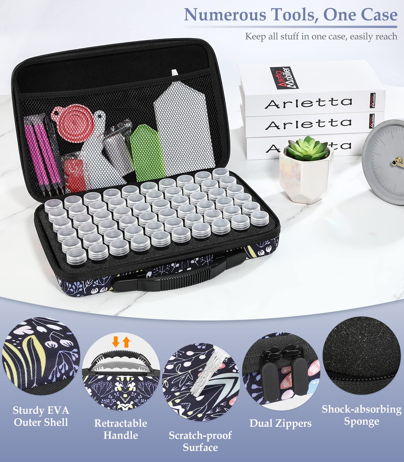 Dadanism Diamond Painting Storage Containers, 60 Slots Diamond Embroidery Accessories, Shockproof Jewelry Beads Organizer Tools Kit, Diamond Art Craft Accessories and Tools Carrying Case, Night Blue