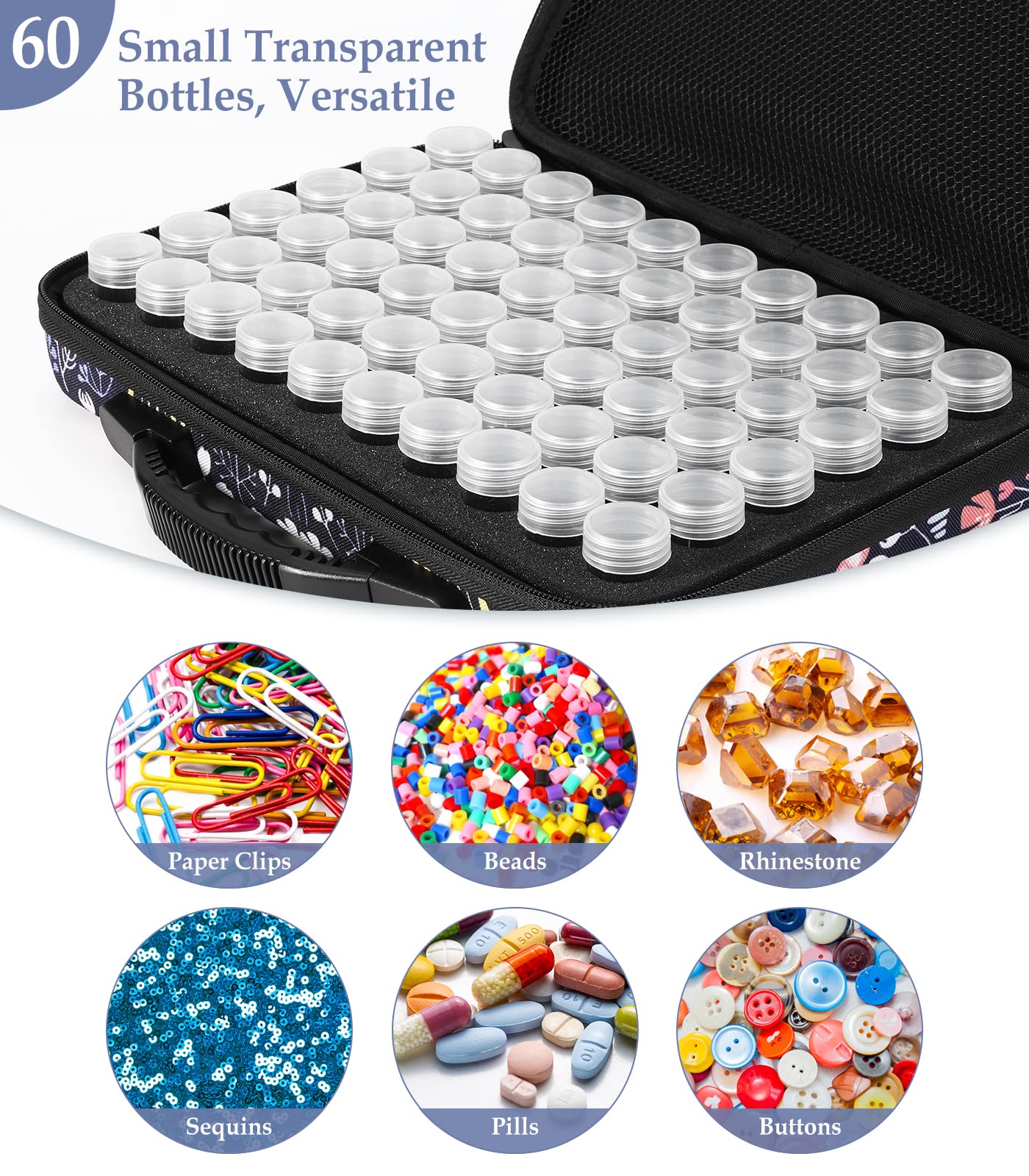 Dadanism Diamond Painting Storage Containers, 60 Slots Diamond Embroidery Accessories, Shockproof Jewelry Beads Organizer Tools Kit, Diamond Art Craft Accessories and Tools Carrying Case, Night Blue