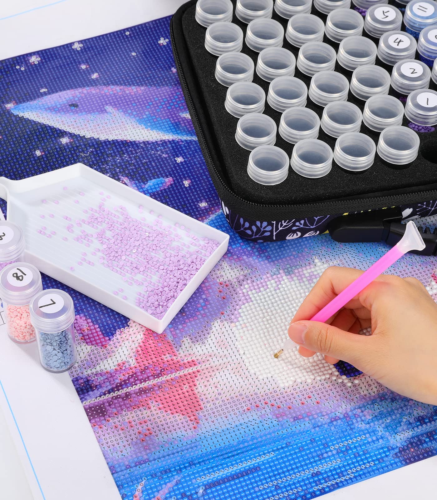 Dadanism Diamond Painting Storage Containers, 60 Slots Diamond Embroidery Accessories, Shockproof Jewelry Beads Organizer Tools Kit, Diamond Art Craft Accessories and Tools Carrying Case, Night Blue