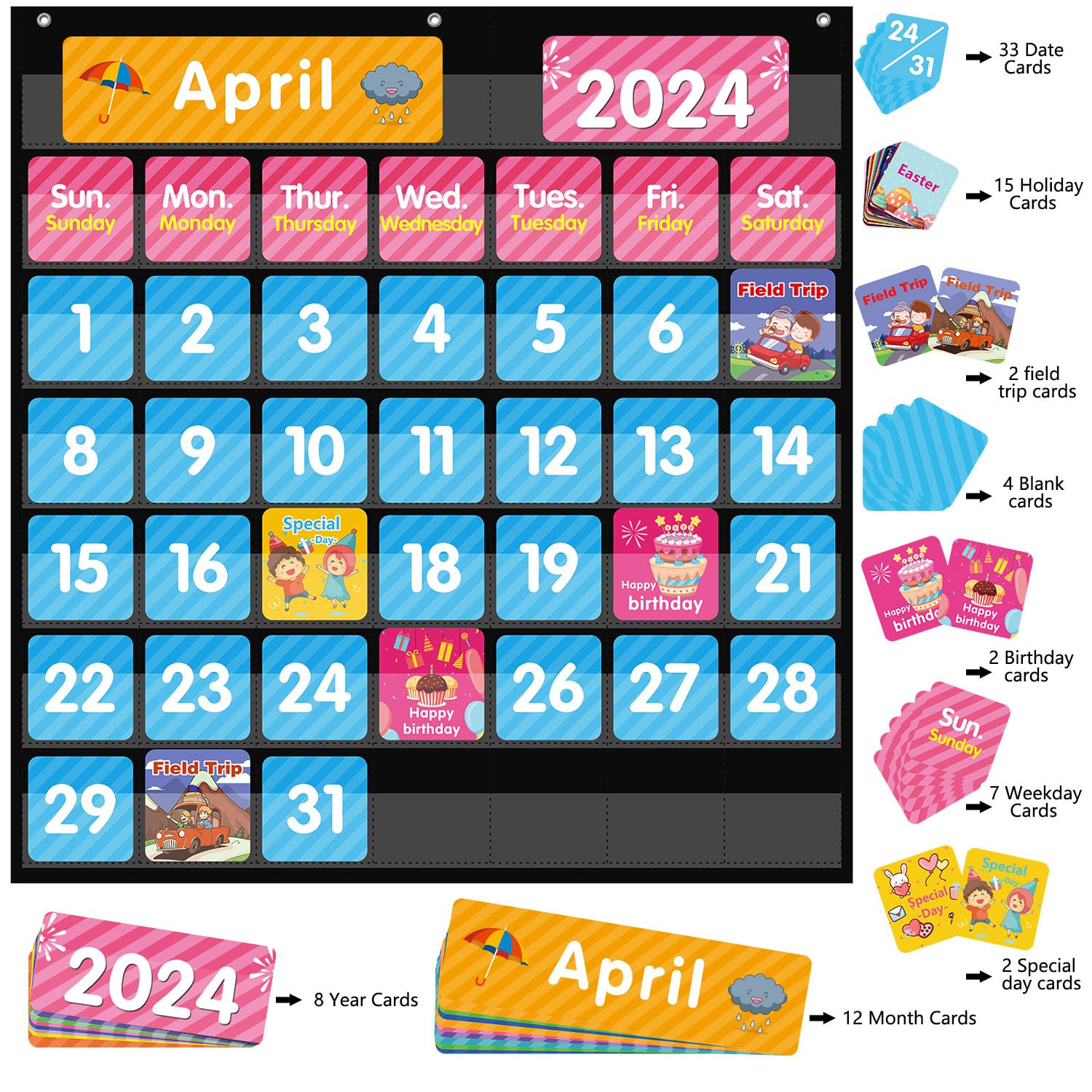 REGELETO Black Calendar Pocket Chart for Classroom with 85 Cards and 3 Hooks, Monthly Calendar and Weather Pocket Chart for Kids Learning for Home or Kindergarten (25β X 24β)
