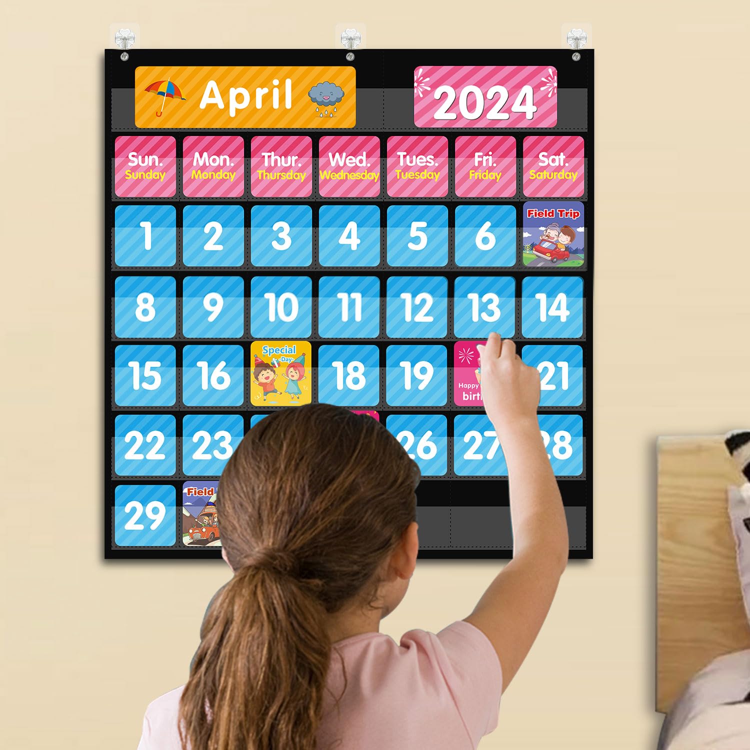 REGELETO Black Calendar Pocket Chart for Classroom with 85 Cards and 3 Hooks, Monthly Calendar and Weather Pocket Chart for Kids Learning for Home or Kindergarten (25β X 24β)