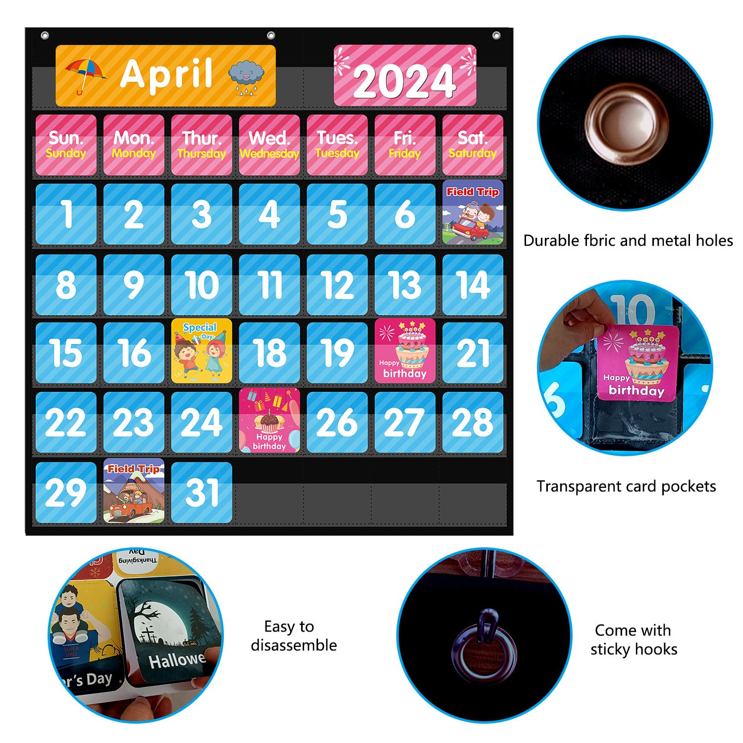 REGELETO Black Calendar Pocket Chart for Classroom with 85 Cards and 3 Hooks, Monthly Calendar and Weather Pocket Chart for Kids Learning for Home or Kindergarten (25β X 24β)