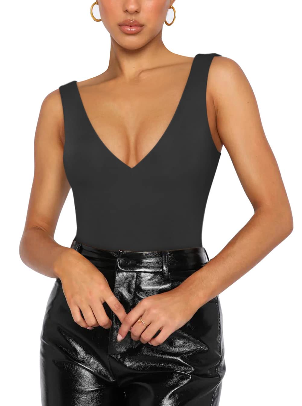 REORIA Women's Summer Sexy Plunge Deep V Neck Sleeveless Double Lined One Piece Tank Tops Thong Bodysuits Leotards for Going Out Black- Medium