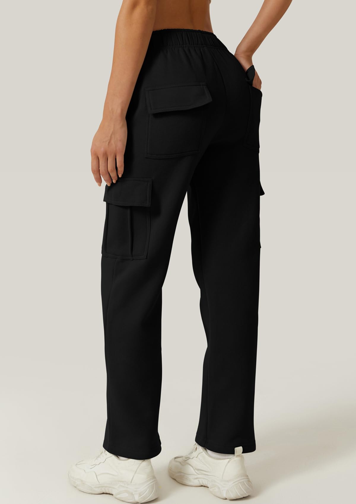 QINSEN Woman's Elastic Waist Long Pocket Pants Wide Leg Casual Fleece Sweatpants Black S