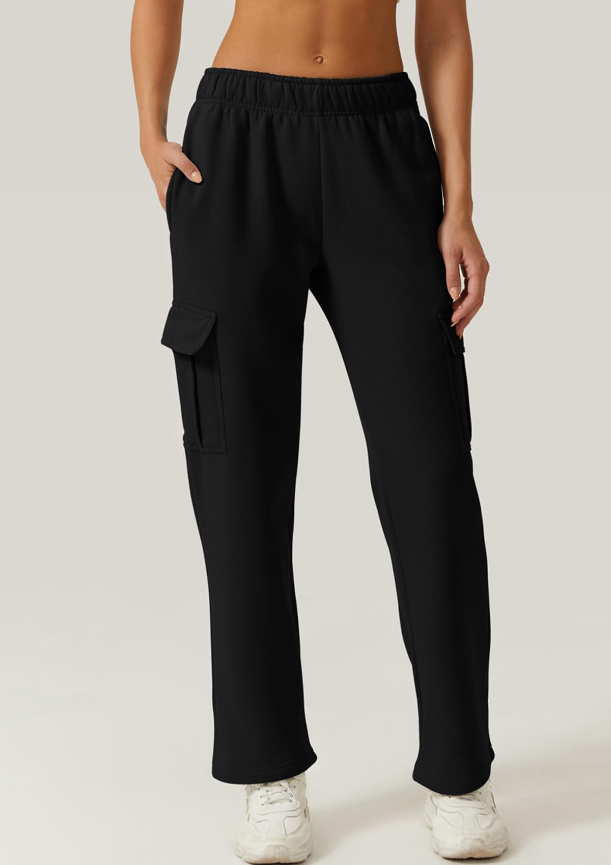 QINSEN Woman's Elastic Waist Long Pocket Pants Wide Leg Casual Fleece Sweatpants Black S