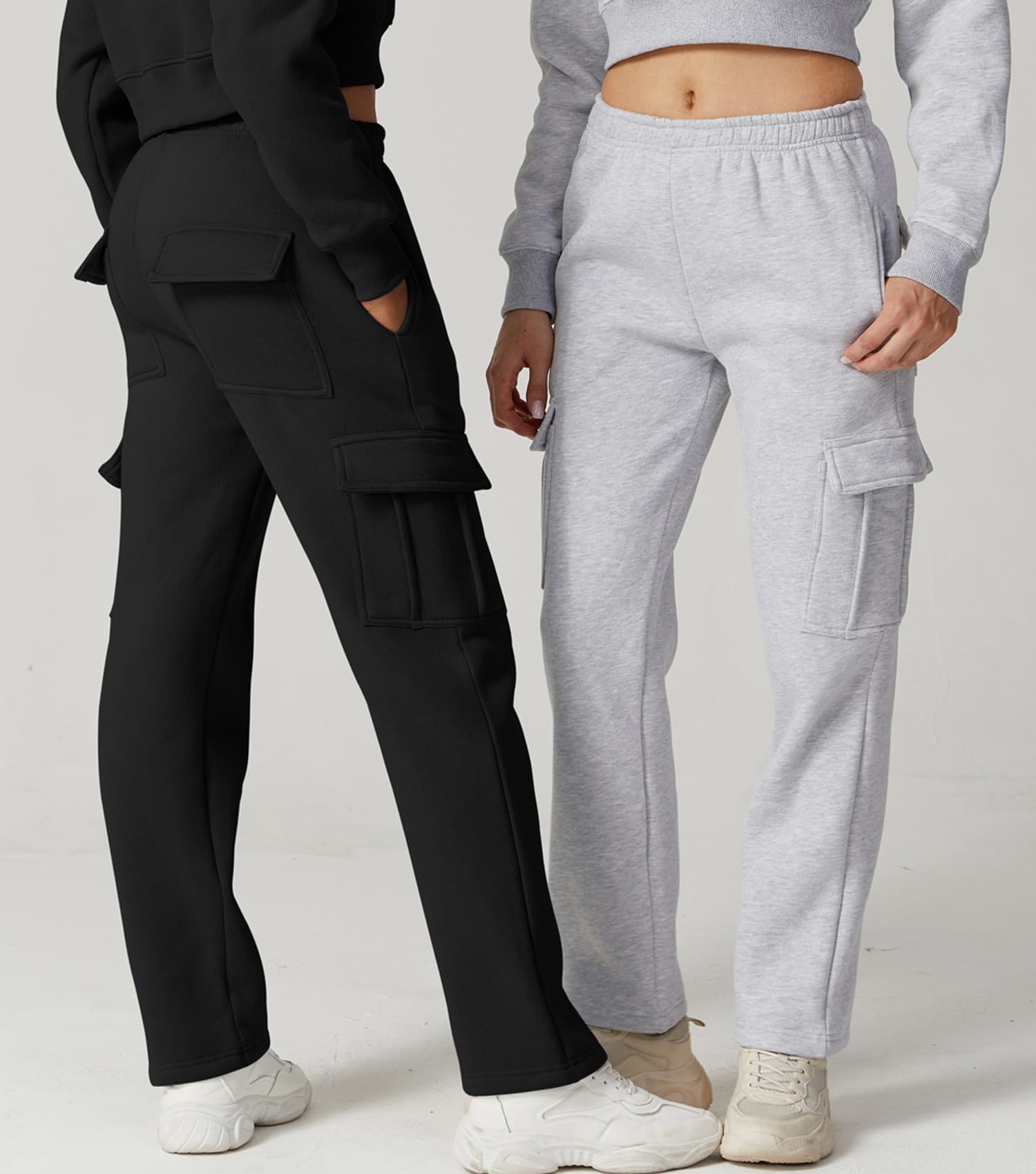 QINSEN Woman's Elastic Waist Long Pocket Pants Wide Leg Casual Fleece Sweatpants Black S