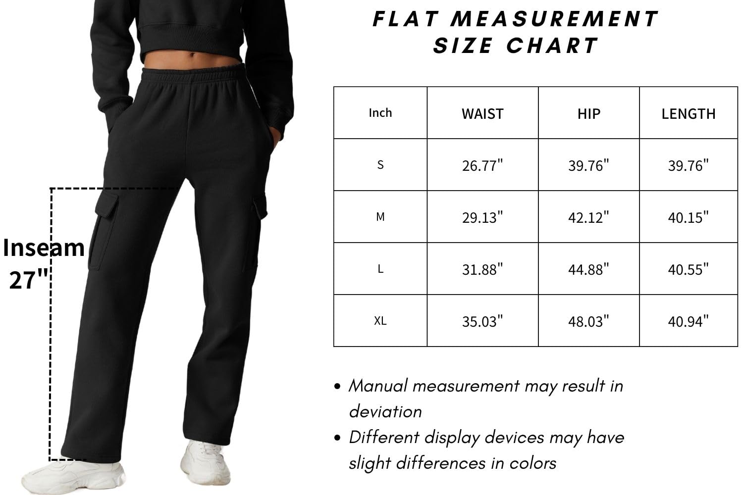 QINSEN Woman's Elastic Waist Long Pocket Pants Wide Leg Casual Fleece Sweatpants Black S