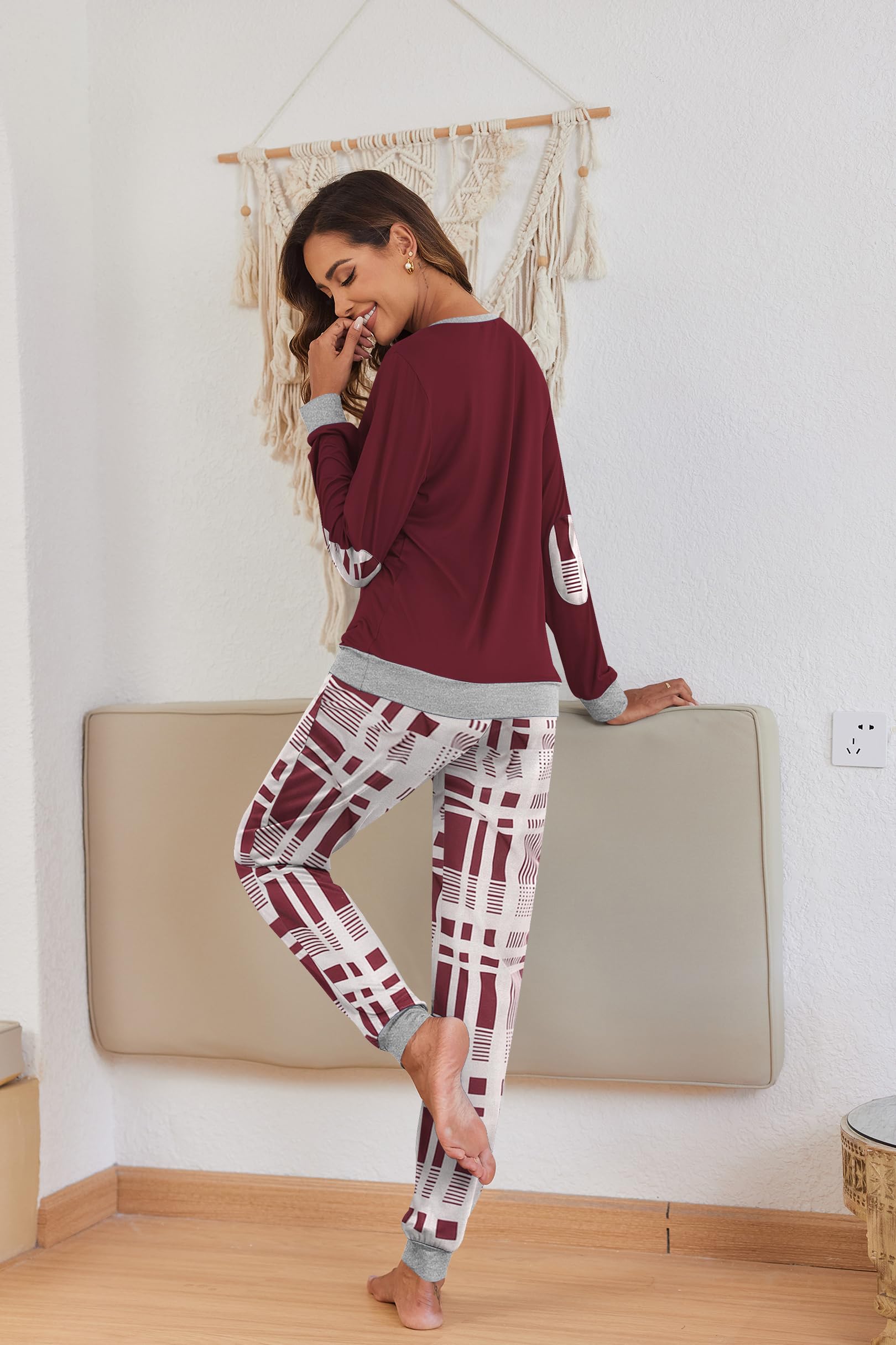 Ekouaer Women's Long Sleeve Pj Soft Crew Neck Pajama Long Sleeve Sweatshirt with Long Pants Red Plaid,Medium