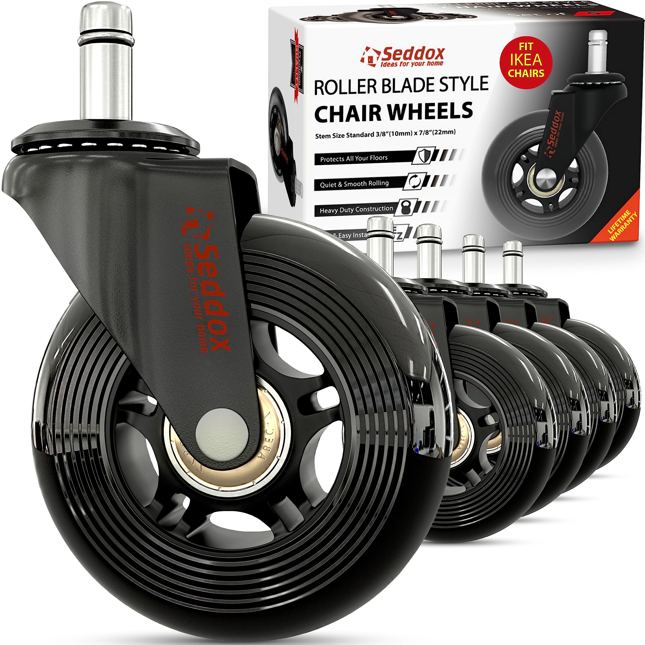 Professional Office Chair Wheels 10mm Stem - FIT IKEA Chairs ONLY - 3'' Replacement Rubber Chair Casters - Best Protection for Your Hardwood Floors Without Any Chair MATS - Black