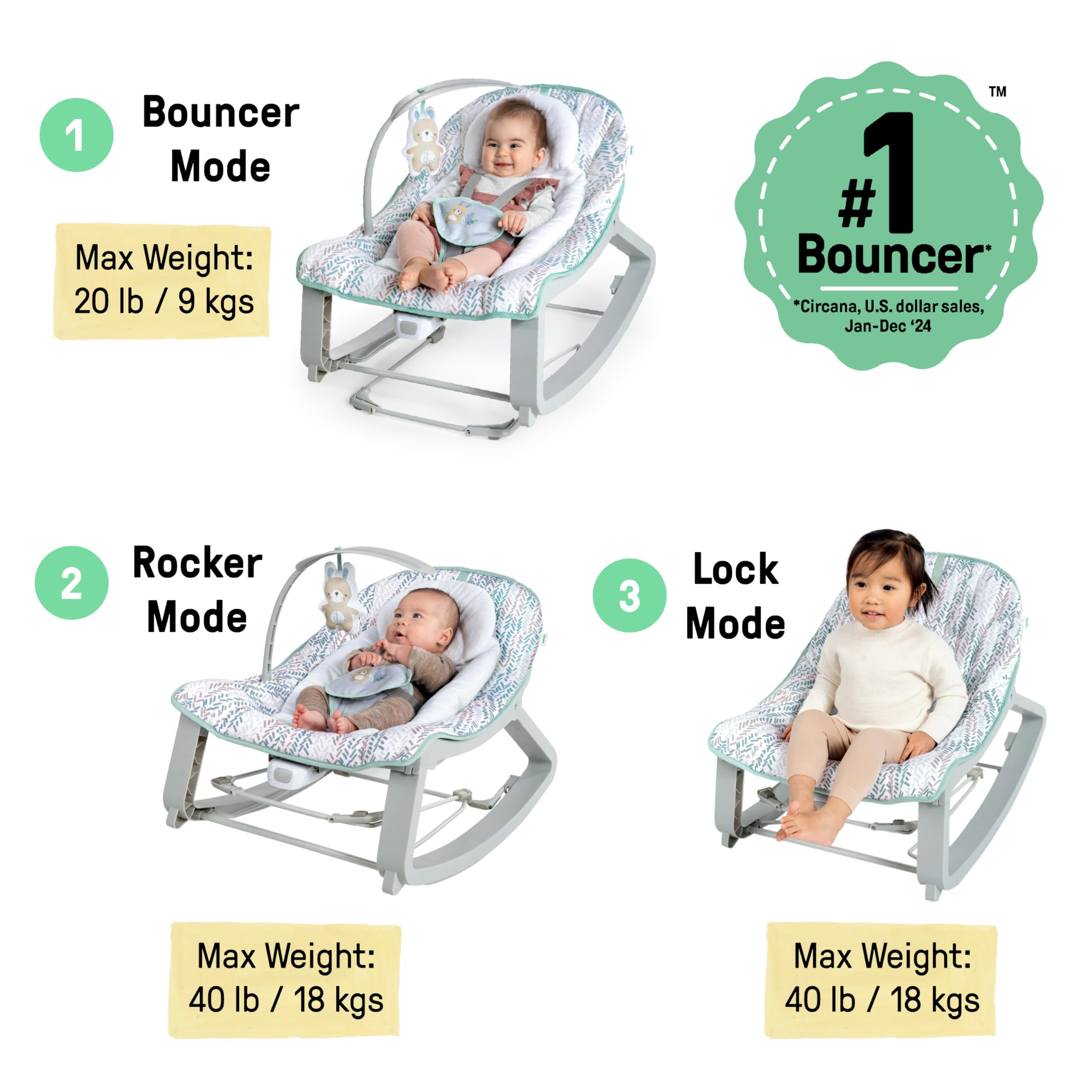 Ingenuity Keep Cozy 3-in-1 Grow with Me Vibrating Baby Bouncer Seat & Infant to Toddler Rocker - Spruce, Newborn and up