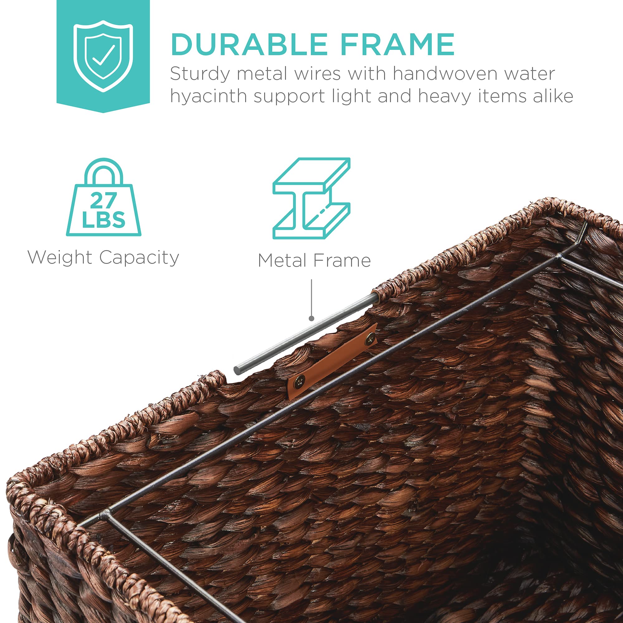 Best Choice Products Water Hyacinth Rolling Filing Cabinet, Woven Mobile Storage Basket, Portable File Organizer for Legal & Letter Size Memos w/Lid, 4 Locking Wheels - Brown