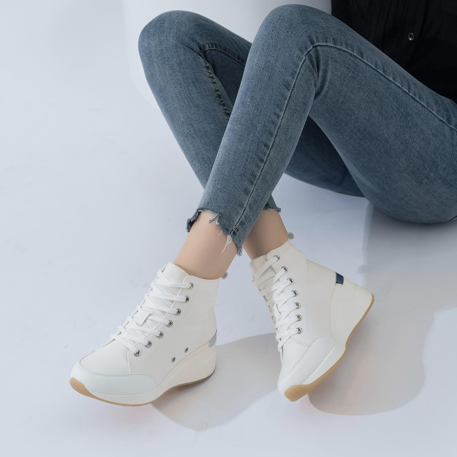 Cestfini White High Top Canvas Shoes for Women Wedge Sneakers Non-Slip Lace Up Platform Sneakers