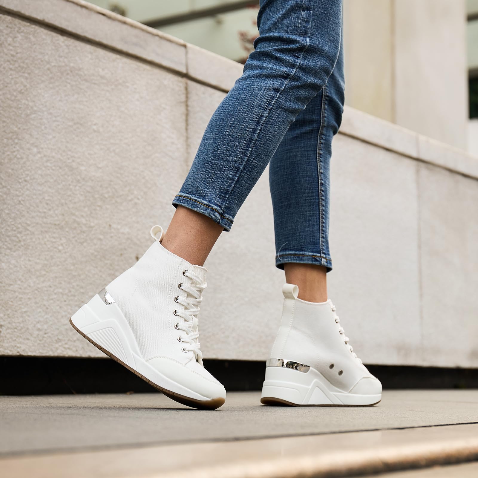 Cestfini White High Top Canvas Shoes for Women Wedge Sneakers Non-Slip Lace Up Platform Sneakers
