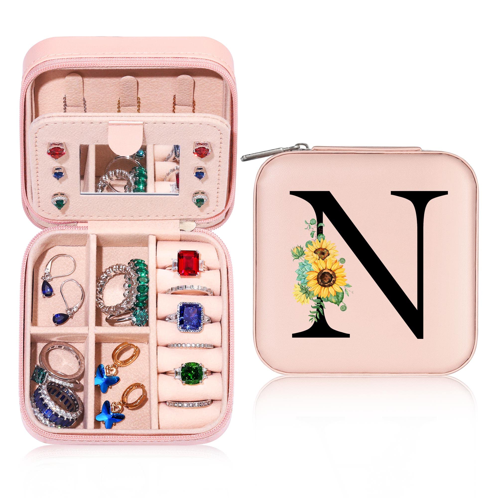 Parima Travel Gifts for Women Girls, Small Jewelry Box | Travel Jewelry Case Jewelry Organizer Box | Travel Jewelry Box | Travel Essentials Jewelry Case | Sunflower Gifts for Women - Letter N, Pink