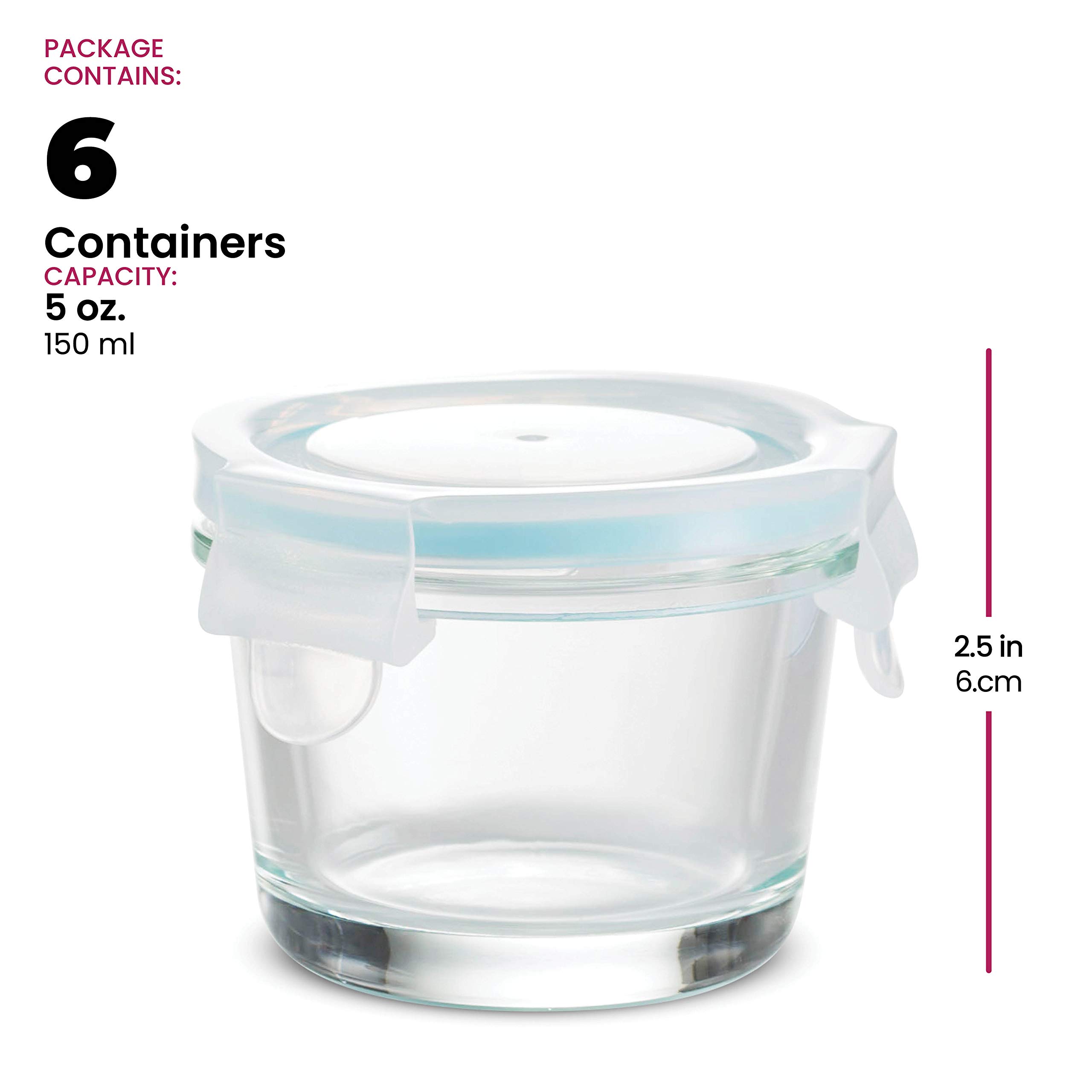Superior Glass Food Storage Containers - Set of 6-4 Oz Containers with Airtight BPA-Free Locking Lids - Food containers - Microwave & Dishwasher Safe - Small Containers for Snacks Dips etc