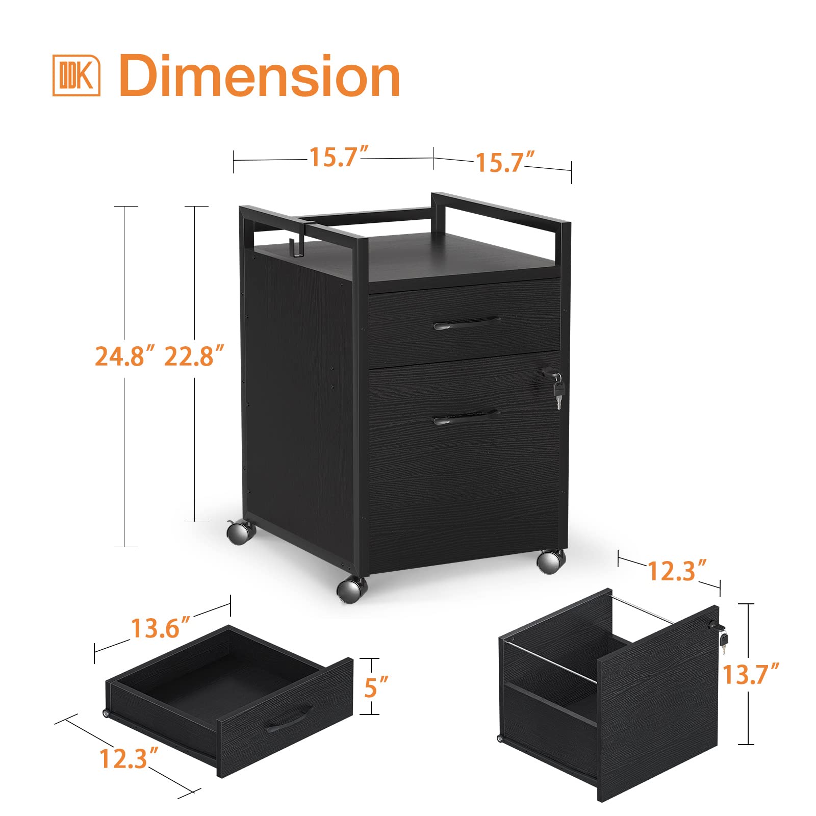 ODK File Cabinet with 2 Drawers, Mobile Office Cabinet with Lock on Wheels, Rolling Office Printer Stand Filing Cabinet for A4, Letter Sized Document with Iron Hook, Black
