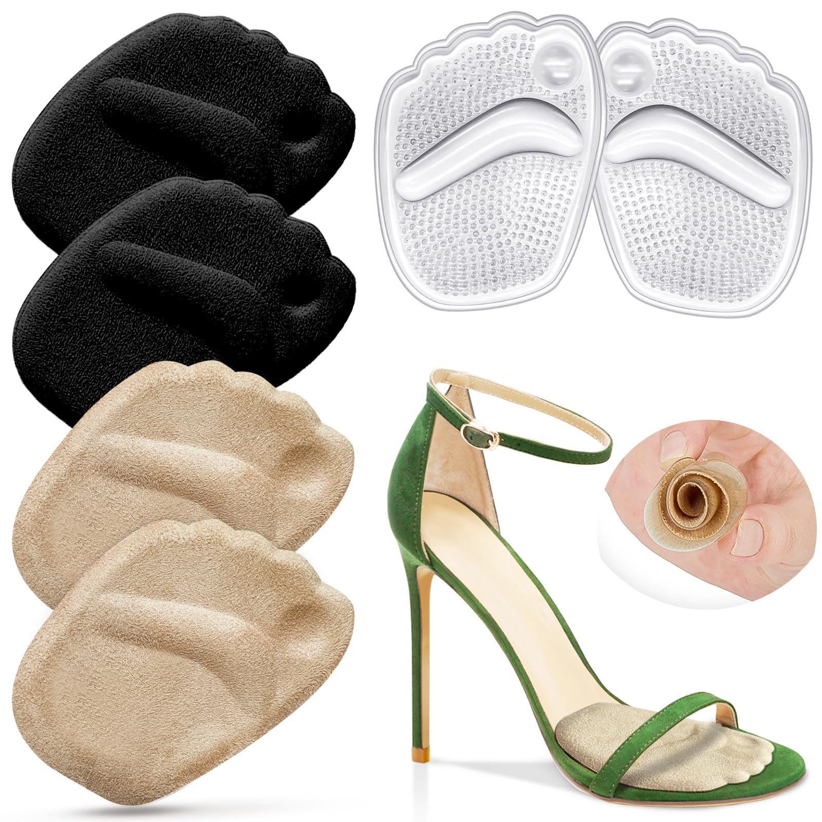 Metatarsal Pads for Women,Anti Sliding Foot Pads for Open Toe Shoe,Forefoot Pads for Women,Ball of Foot Cushions,Reduce Foot Pain,Reusable Heel Pads Inserts for Too Big Shoe,3-Pair(Beige+Black+Clear)