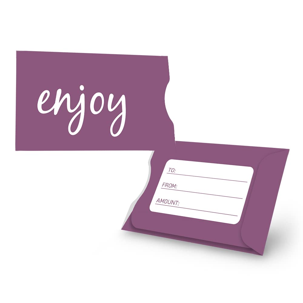 Swipe It Gift Card Holder Sleeves Paper 100 Pack Bulk for Thank You, Birthday, Fathers Day, Housewarming, Wedding, Anniversary, Baby Shower, Spa, Enjoy, Purple