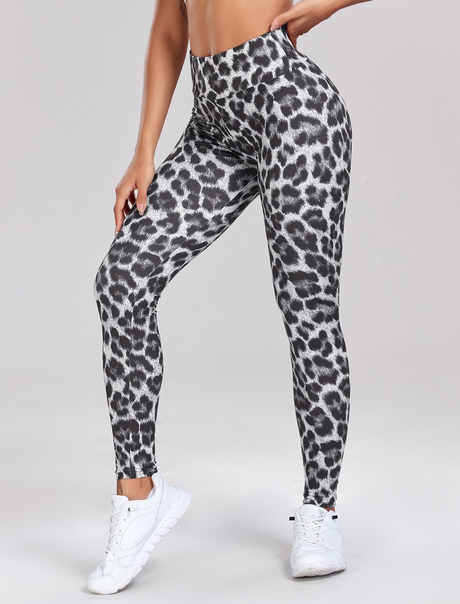FITTOO Women's Print Ruched Booty Leggings Butt Lifting Yoga Pants Black M