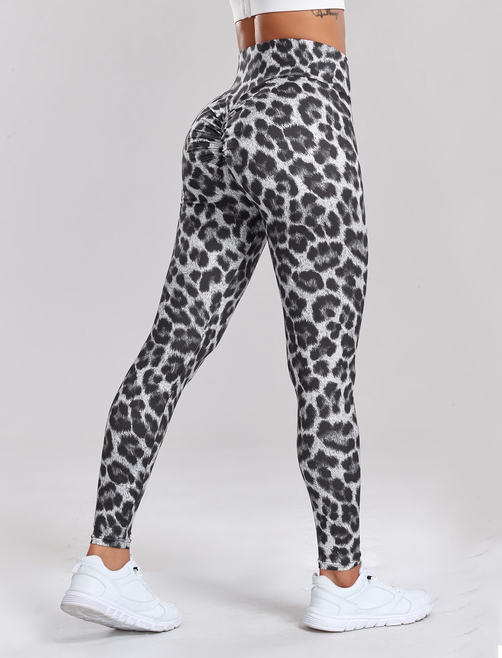 FITTOO Women's Print Ruched Booty Leggings Butt Lifting Yoga Pants Black M