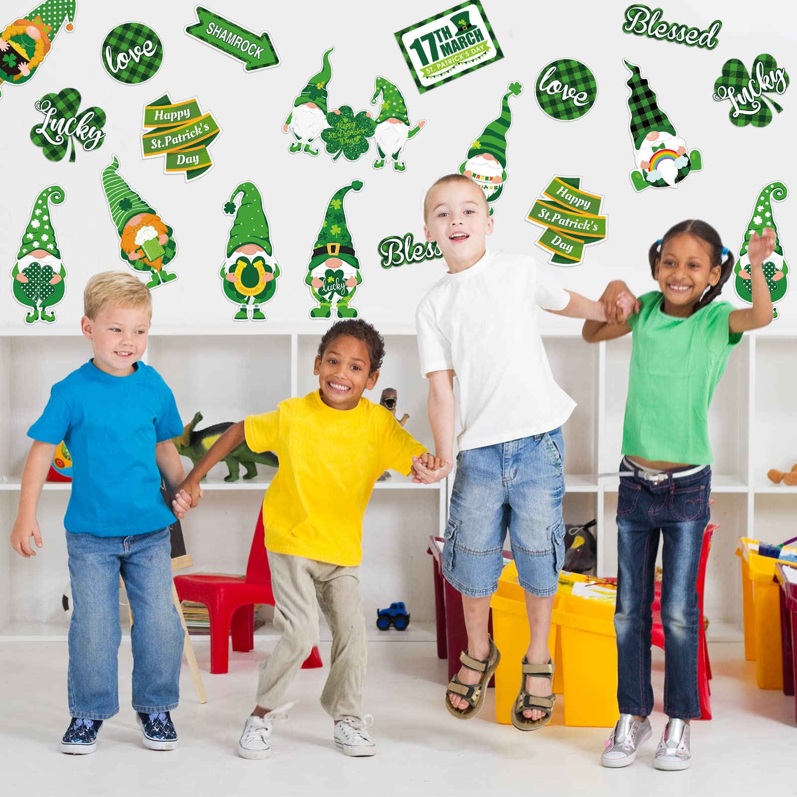 Whaline 42Pcs St. Patrick's Day Cut-Outs Lucky Dwarf Gnome Paper Cut Outs with 100Pcs Glue Points St. Patrick's Day Classroom Bulletin Board Decoration for Farmhouse Home Party Wall Door