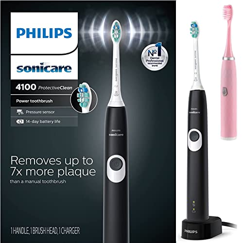 PHILIPS Sonicare ProtectiveClean 4100 Rechargeable Electric Toothbrush, Black - Plaque Control with Pressure Sensor, Up to 2 Weeks Operating Time, Broage Random Color Electric Toothbrush