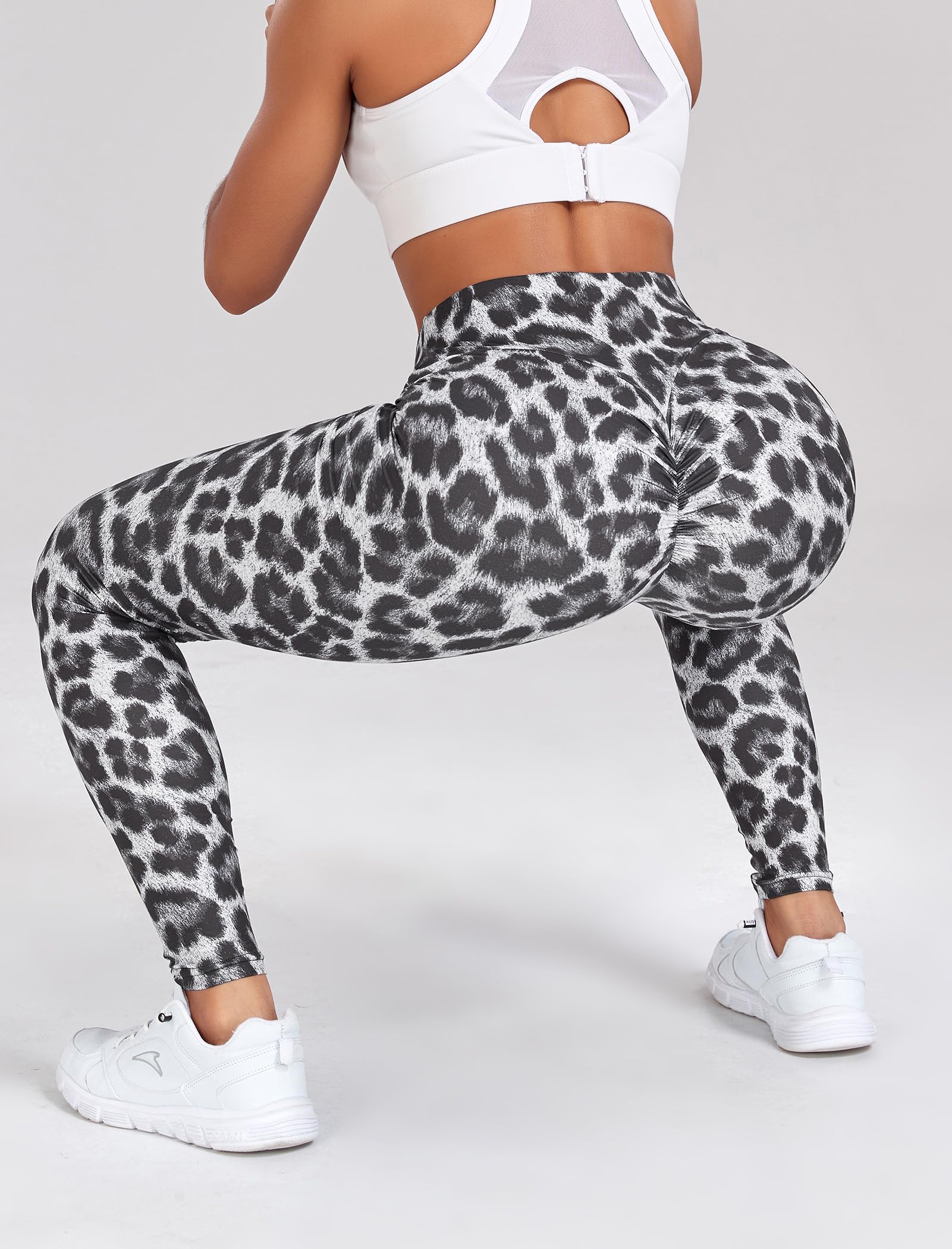 FITTOO Women's Print Ruched Booty Leggings Butt Lifting Yoga Pants Black M