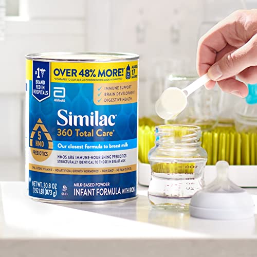 Similac 360 Total Care Infant Formula, with 5 HMO Prebiotics, Our Closest Formula to Breast Milk, Non-GMO, Baby Formula Powder, 30.8-oz Can (Case of 6)