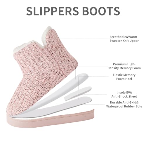 WOJWSKI Women's Knit Bootie Slippers Winter Warm Plush Fleece Memory Foam House Shoes with Comfy Plush Lining(Pink7-8)