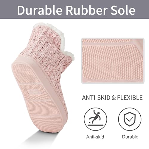 WOJWSKI Women's Knit Bootie Slippers Winter Warm Plush Fleece Memory Foam House Shoes with Comfy Plush Lining(Pink7-8)
