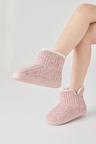 WOJWSKI Women's Knit Bootie Slippers Winter Warm Plush Fleece Memory Foam House Shoes with Comfy Plush Lining(Pink7-8)