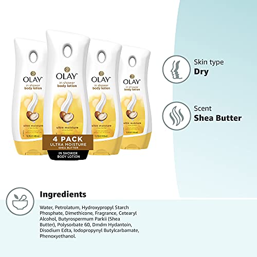 Olay Ultra Moisture Shea Butter In-Shower Body Lotion, Improves Dry Skin Hydration in 5 Days, 15.2 Fl Oz (Pack of 4)