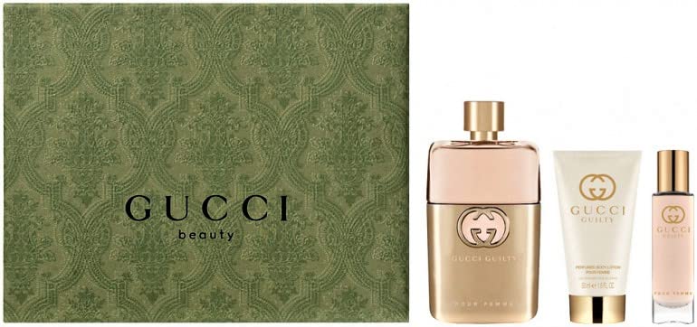 Gucci Guilty 3 Piece Hardbox Gift Set for Women (3 Ounce Eau de Parfum Spray + 1.6 Ounce Perfumed Body Lotion + 0.5 Ounce Eau de Parfum Travel Spray)