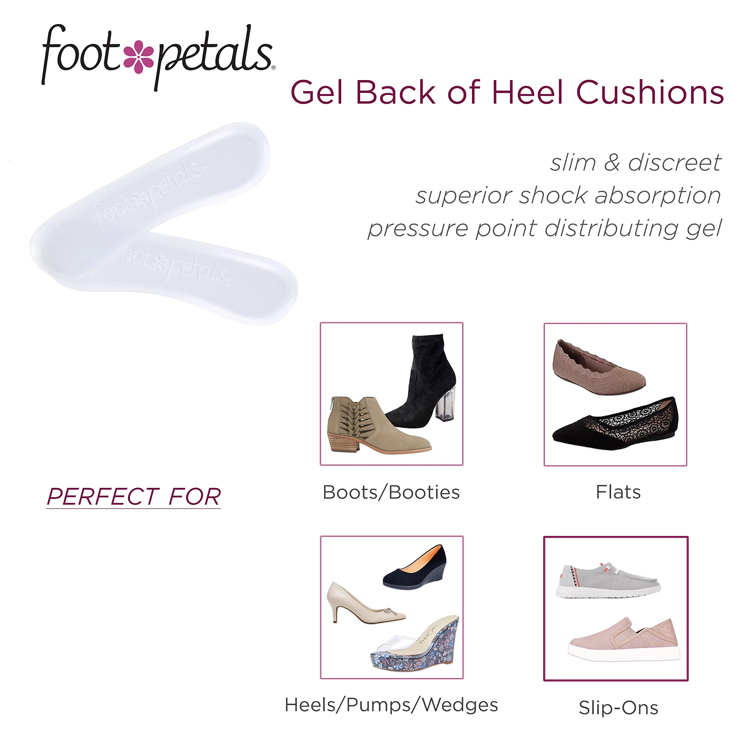 Foot Petals Womens Back of Heel Cushion Inserts, Heel Protectors, Comfortable Heel Grip for Pain Relief and Sizing, 3 pair, Gel