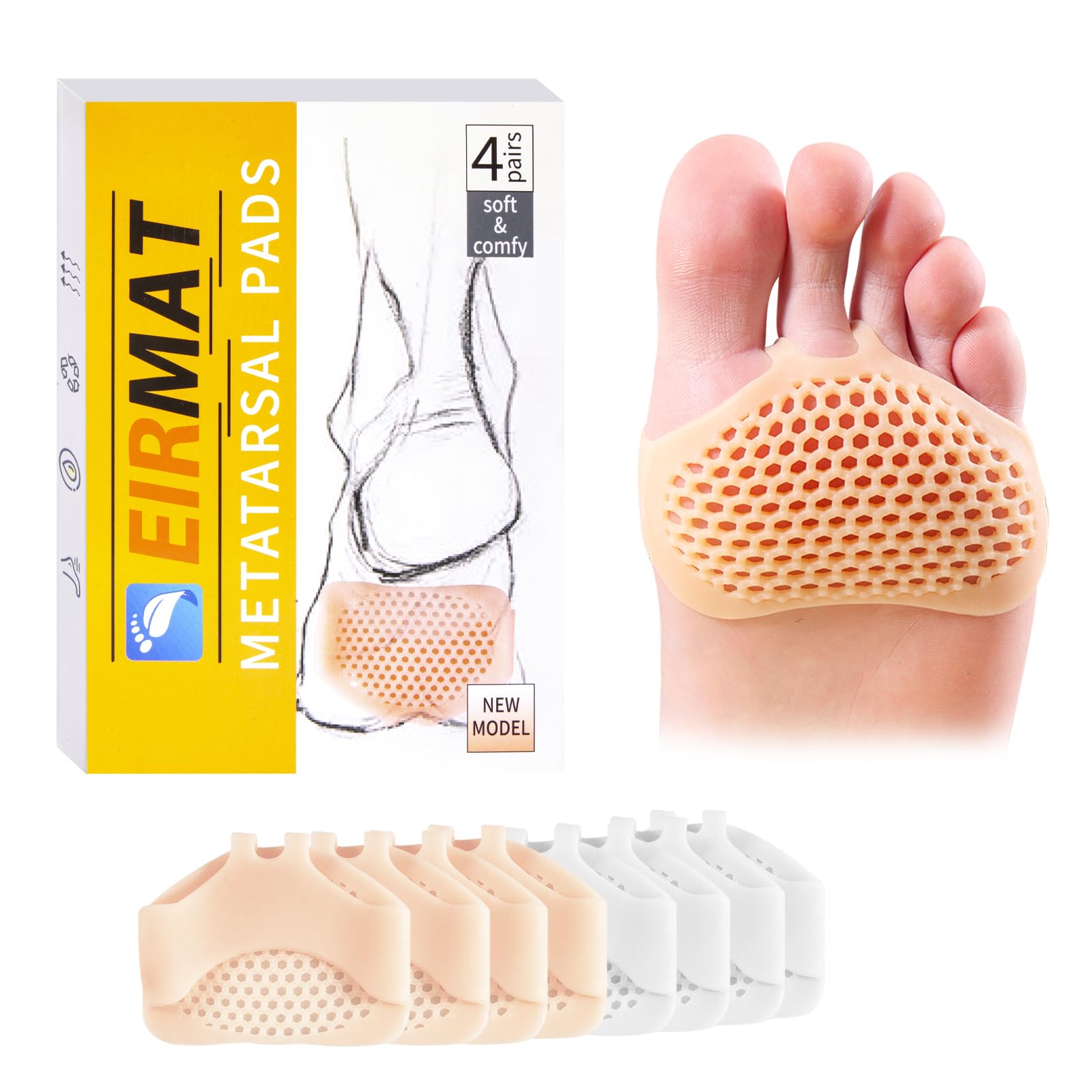 Metatarsal Pads for Women Shoes Ball of Foot Cushions Soft Gel Metatarsalgia Cushions Foot Pads for Ball of Foot Pain Relief Silicone Forefoot Pads for Women and Men(4 Pairs)