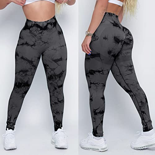 SZKANI Butt Lifting Leggings for Women Booty High Waisted Workout Yoga Pants Scrunch Butt Gym Seamless Booty Tight((D-Tie Dye)-Black Gray(1),Large)