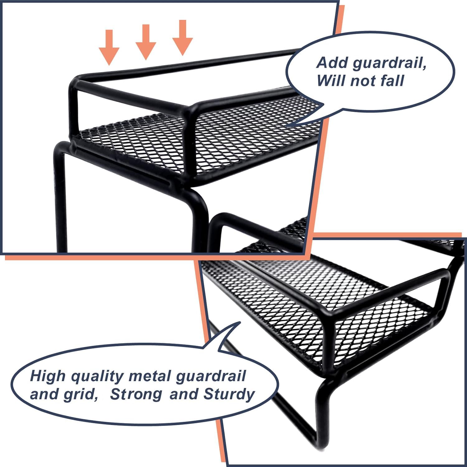 IFELS Spice Rack Organizer for Cabinet, 4 Tier Seasoning Organizer, Expandable Spice Rack Shelf,Step Spice Storage Holder, for Kitchen Cabinet Countertop,with Protection Railing, Metal (Black,2 PC)