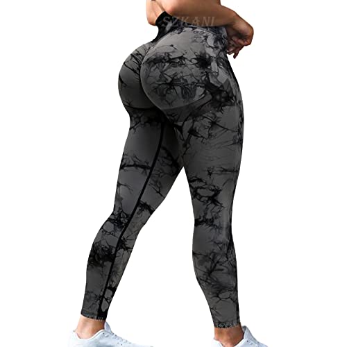SZKANI Butt Lifting Leggings for Women Booty High Waisted Workout Yoga Pants Scrunch Butt Gym Seamless Booty Tight((D-Tie Dye)-Black Gray(1),Large)
