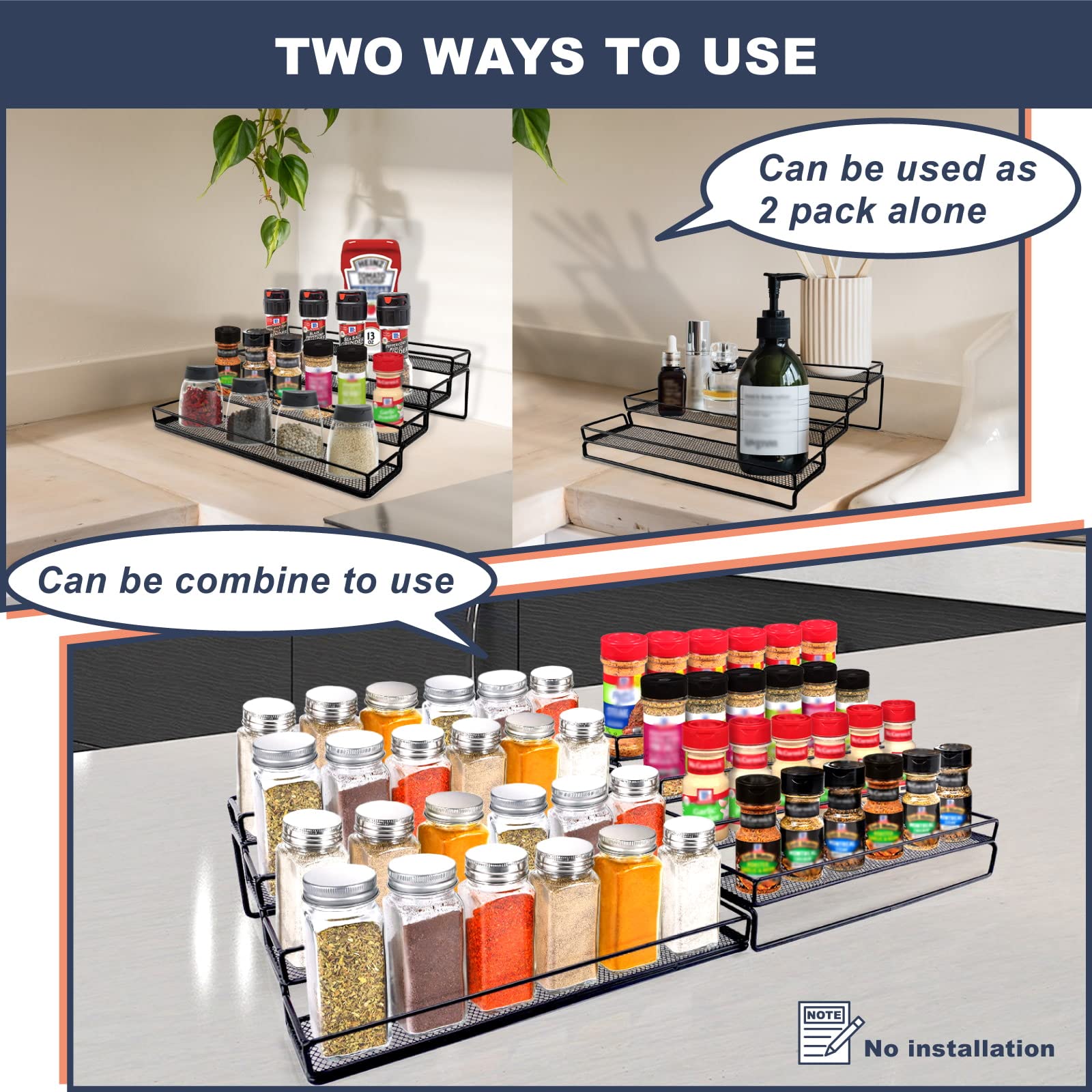IFELS Spice Rack Organizer for Cabinet, 4 Tier Seasoning Organizer, Expandable Spice Rack Shelf,Step Spice Storage Holder, for Kitchen Cabinet Countertop,with Protection Railing, Metal (Black,2 PC)