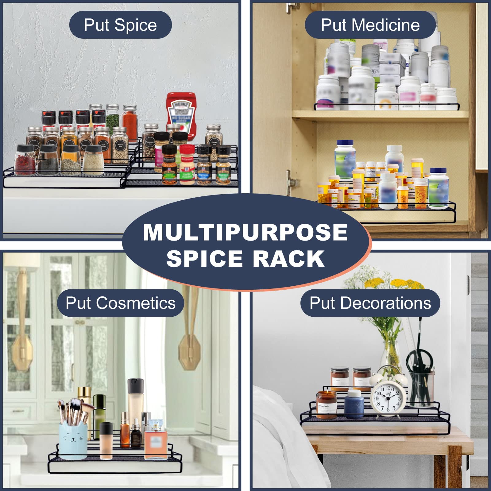 IFELS Spice Rack Organizer for Cabinet, 4 Tier Seasoning Organizer, Expandable Spice Rack Shelf,Step Spice Storage Holder, for Kitchen Cabinet Countertop,with Protection Railing, Metal (Black,2 PC)