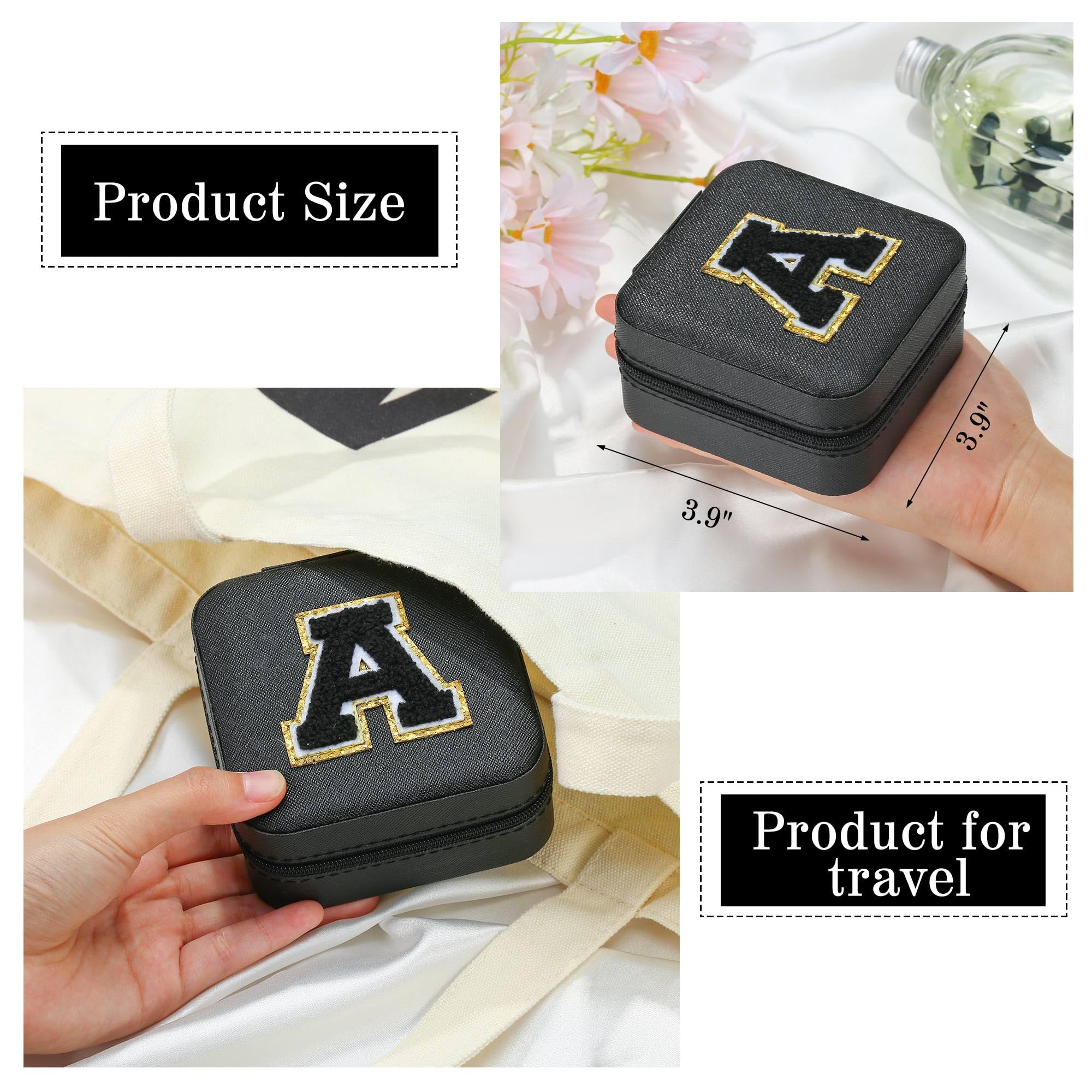 Parima Jewelry Box, Small Travel Organizer for Necklaces, Earrings, Rings, Bracelet, Initial M-Black