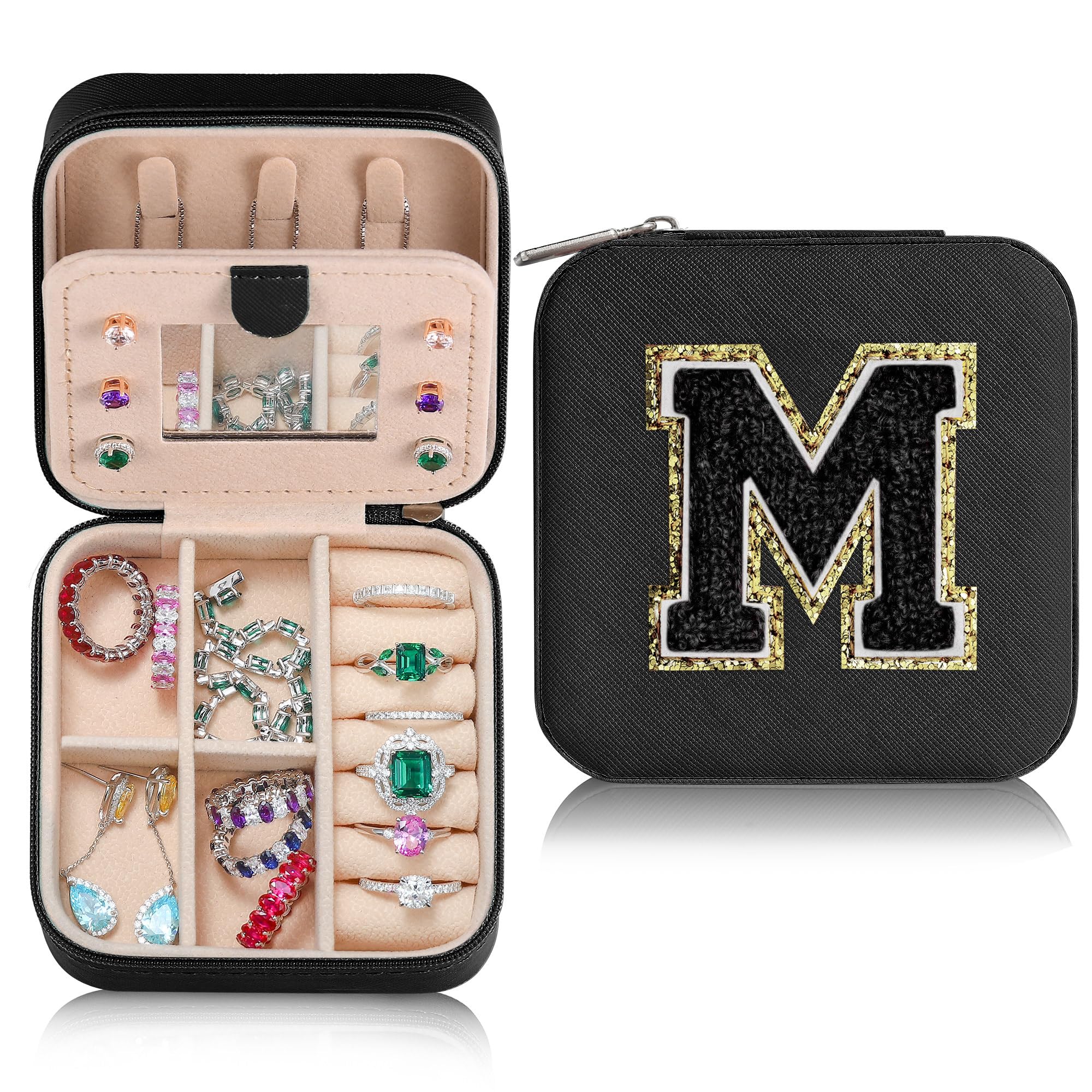 Parima Jewelry Box, Small Travel Organizer for Necklaces, Earrings, Rings, Bracelet, Initial M-Black