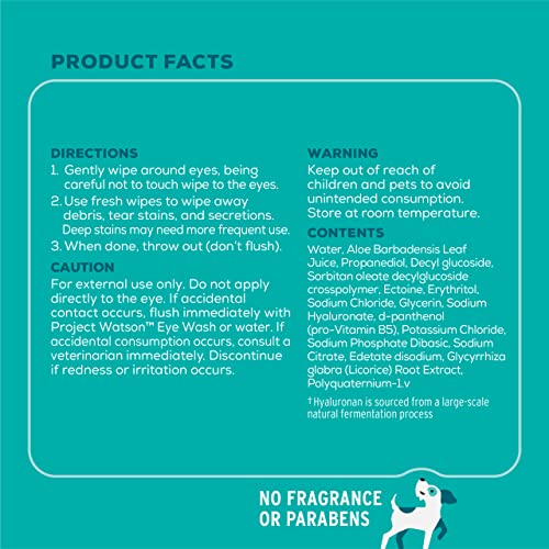 Project Watson Dog Eyelid Wipes, Micellar Technology That Cleanses and Hydrates, Contains Hyaluronan (HA), an Electrolyte, Aloe & Licorice, Paraben & Fragrance Free, 45 Pre-Moistened Textured Wipes
