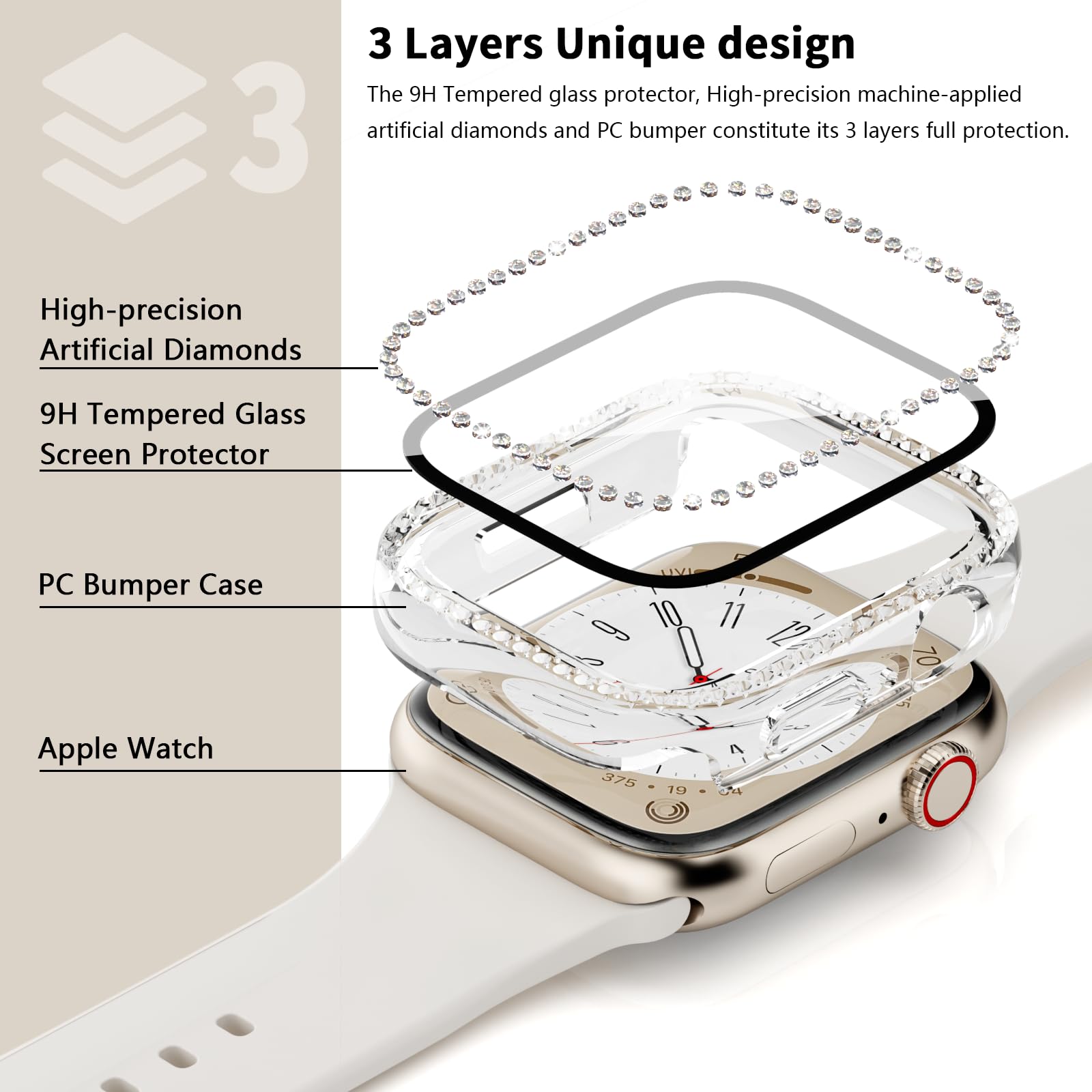 Rc-Z 3-Pack Bling Case for Apple Watch 42mm Series 3 2 1 Screen Protector, Women Glitter Diamond Rhinestone Bumper Face Cover for iWatch Accessories 42 mm
