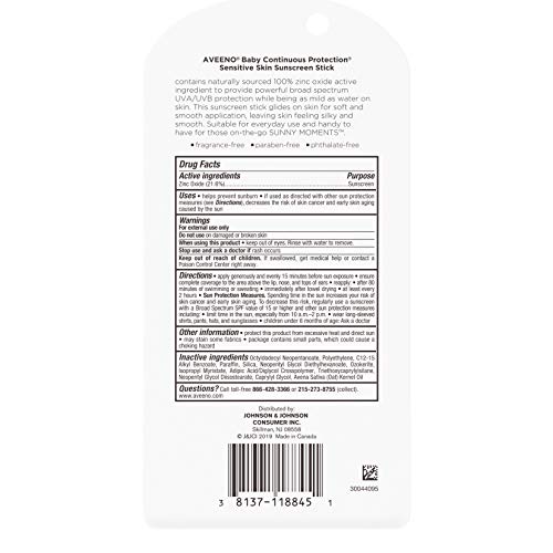 Aveeno Baby Continuous Protection Sensitive Skin Mineral Sunscreen Stick with Broad Spectrum SPF 50 for Face & Body, Naturally Sourced 100% Zinc Oxide, Travel Size, 0.47 Oz