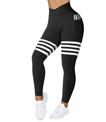 DREAMOON Cross Seamless Butt Lifting Leggings with Pockets for Women Scrunch Booty High Waisted Workout Yoga Pants Gym Butt Tights(#6 Butt Lifting Pocket_Black)