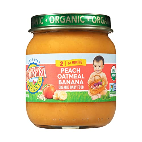 Earth's Best Organic Baby Food Jars, Stage 2 Fruit Puree for Babies 6 Months and Older, Organic Peach, Oatmeal and Banana, 4 oz Resealable Glass Jar