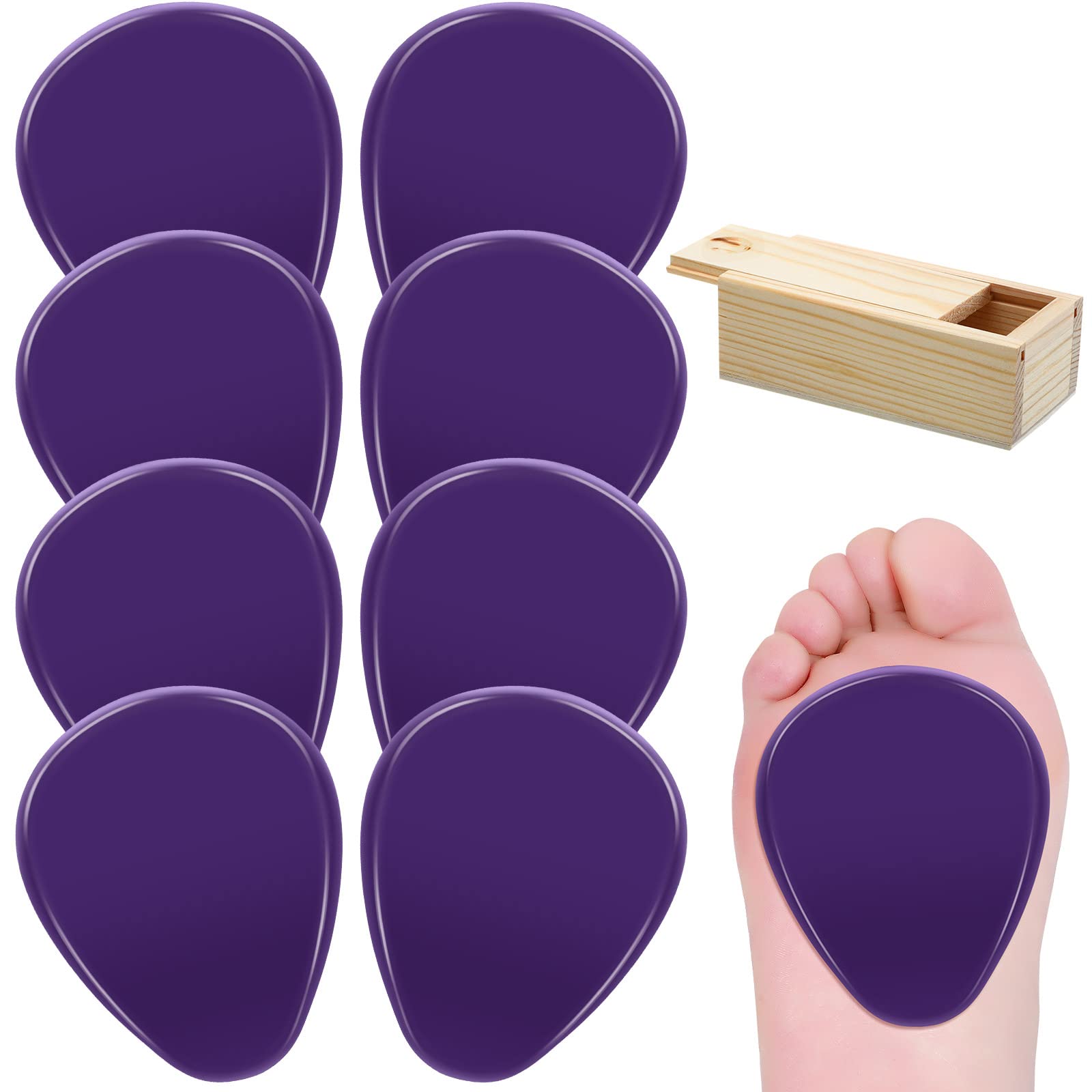 Mepase 8 Pieces Gel Ball of Foot Cushions Metatarsal Pads for Women and Men Clear Gel Ball of Foot Soft Metatarsal Cushioning Pain Relief with 1 Wood Box Storage(Purple)