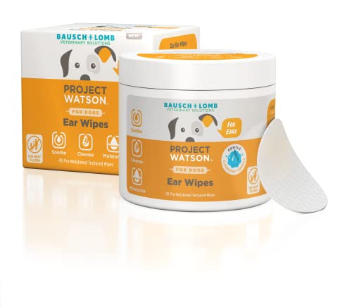 Project Watson Dog Ear Wipes, Gentle pH Balanced Formula to Help Soothe, Cleanse & Moisturize, Contains Aloe Leaf Juice, Hydrogen Peroxide & Fragrance Free, 45 Pre-Moistened Textured Wipes