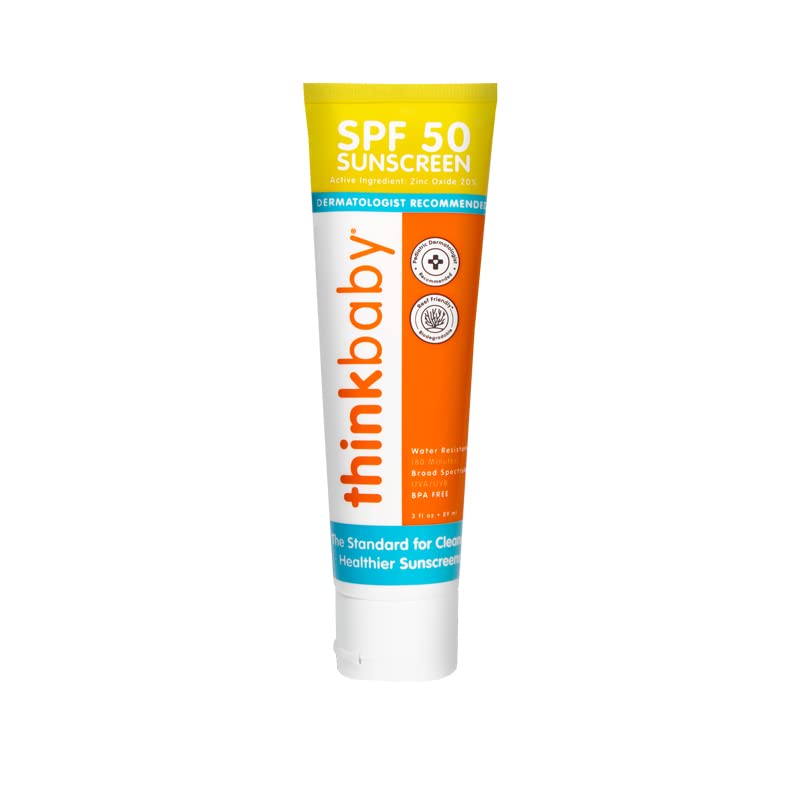 Thinkbaby SPF 50+ Baby Sunscreen â Safe, Natural Sunblock for Babies - Water Resistant Sun Cream â Broad Spectrum UVA/UVB Sun Protection â Vegan Mineral Sun Lotion, 3 Oz.